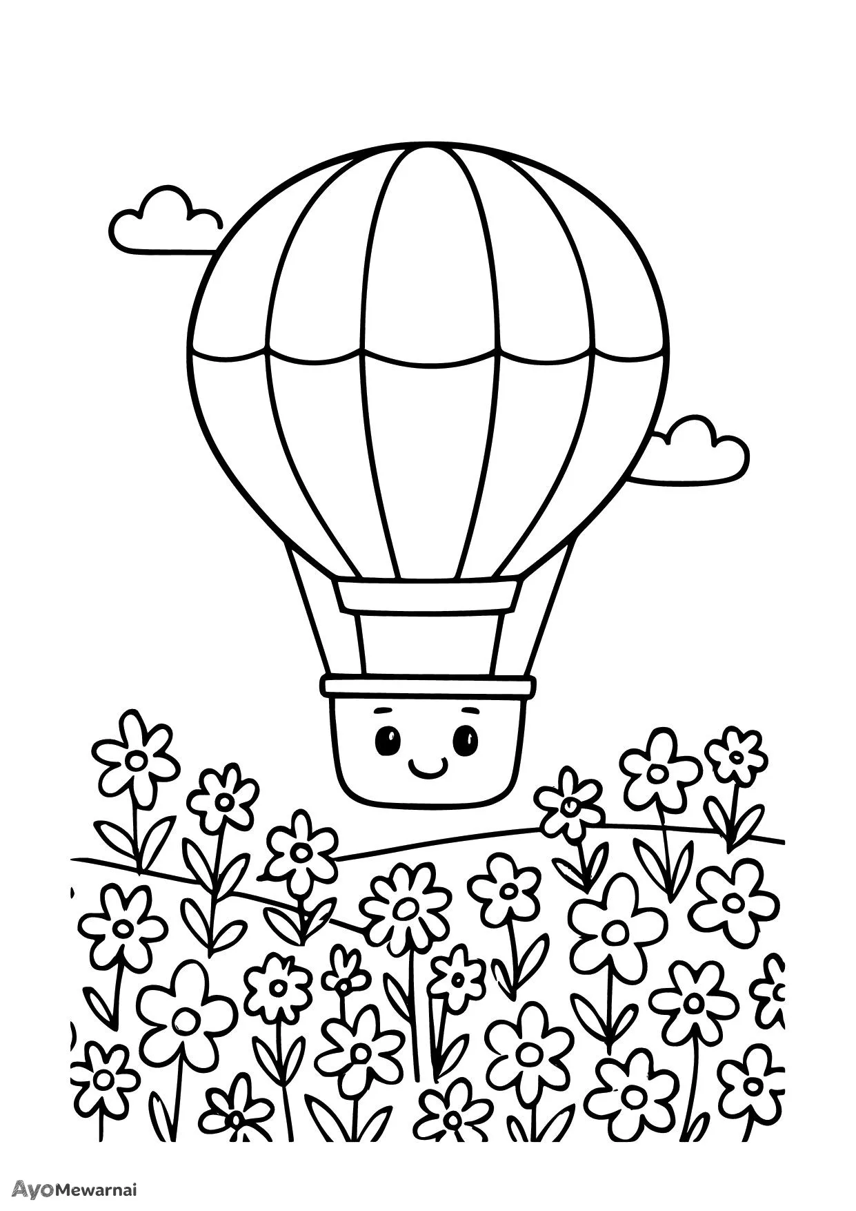 Gambar Mewarnai Balon Udara di Ladang Bunga - Ayo Mewarnai