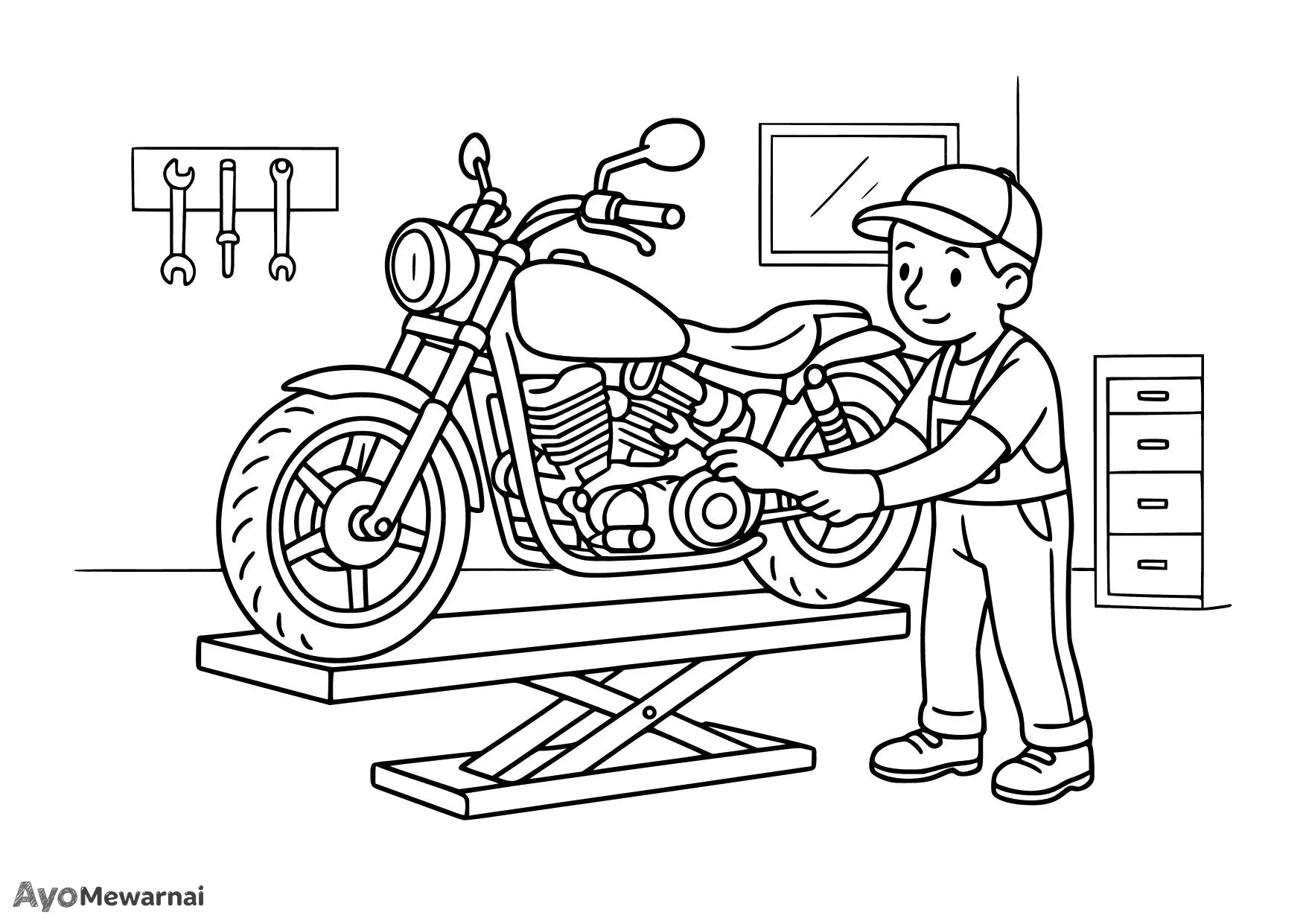 Gambar Mewarnai Sepeda Motor di Bengkel - Ayo Mewarnai