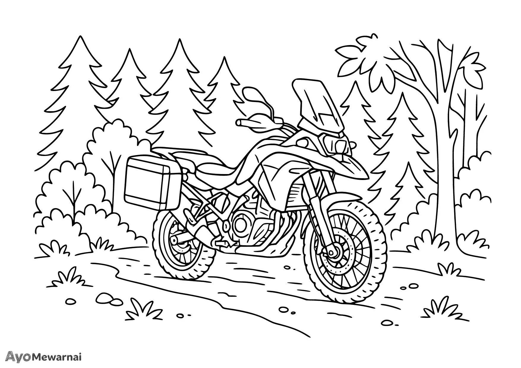 Gambar Mewarnai Sepeda Motor di Hutan - Ayo Mewarnai